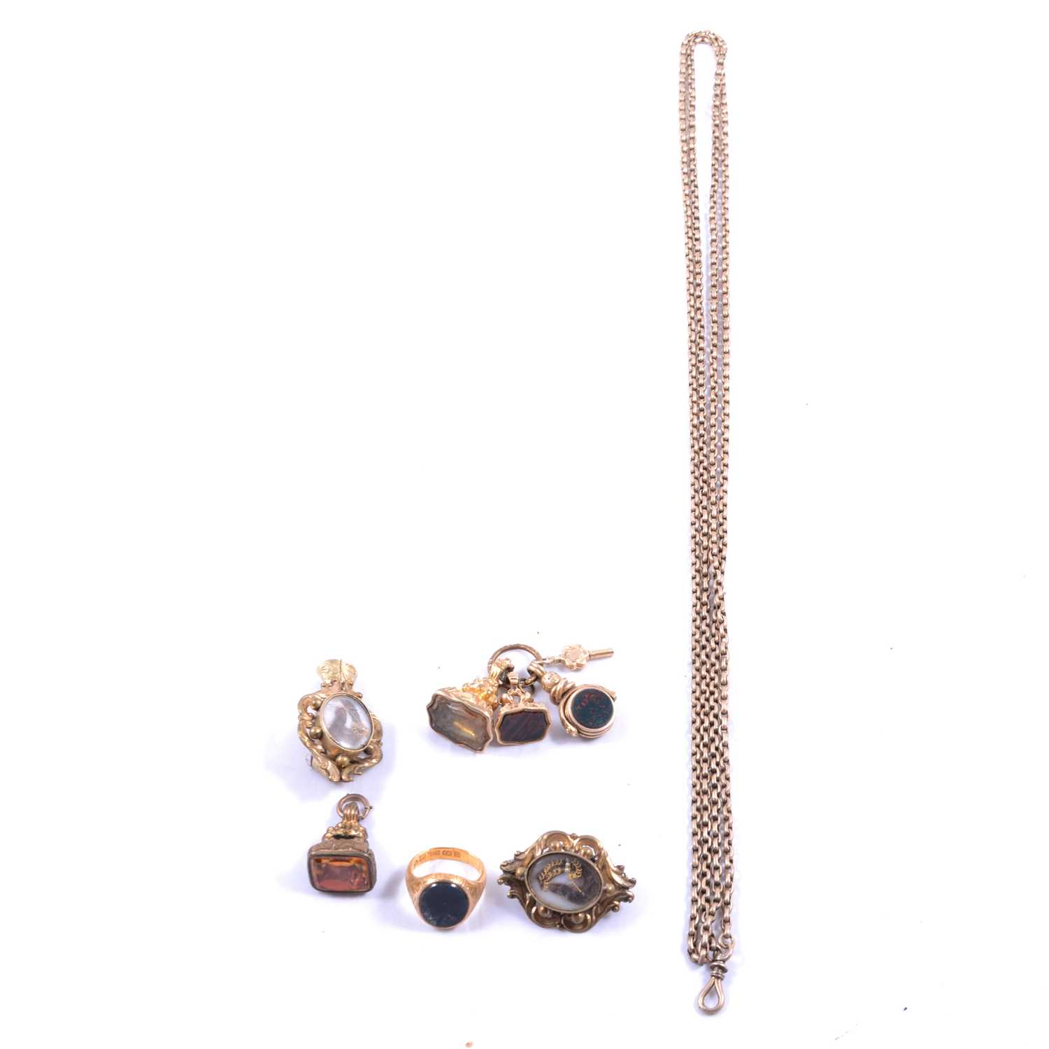 Lot 141 - A gold signet ring, four fobs, watch key,