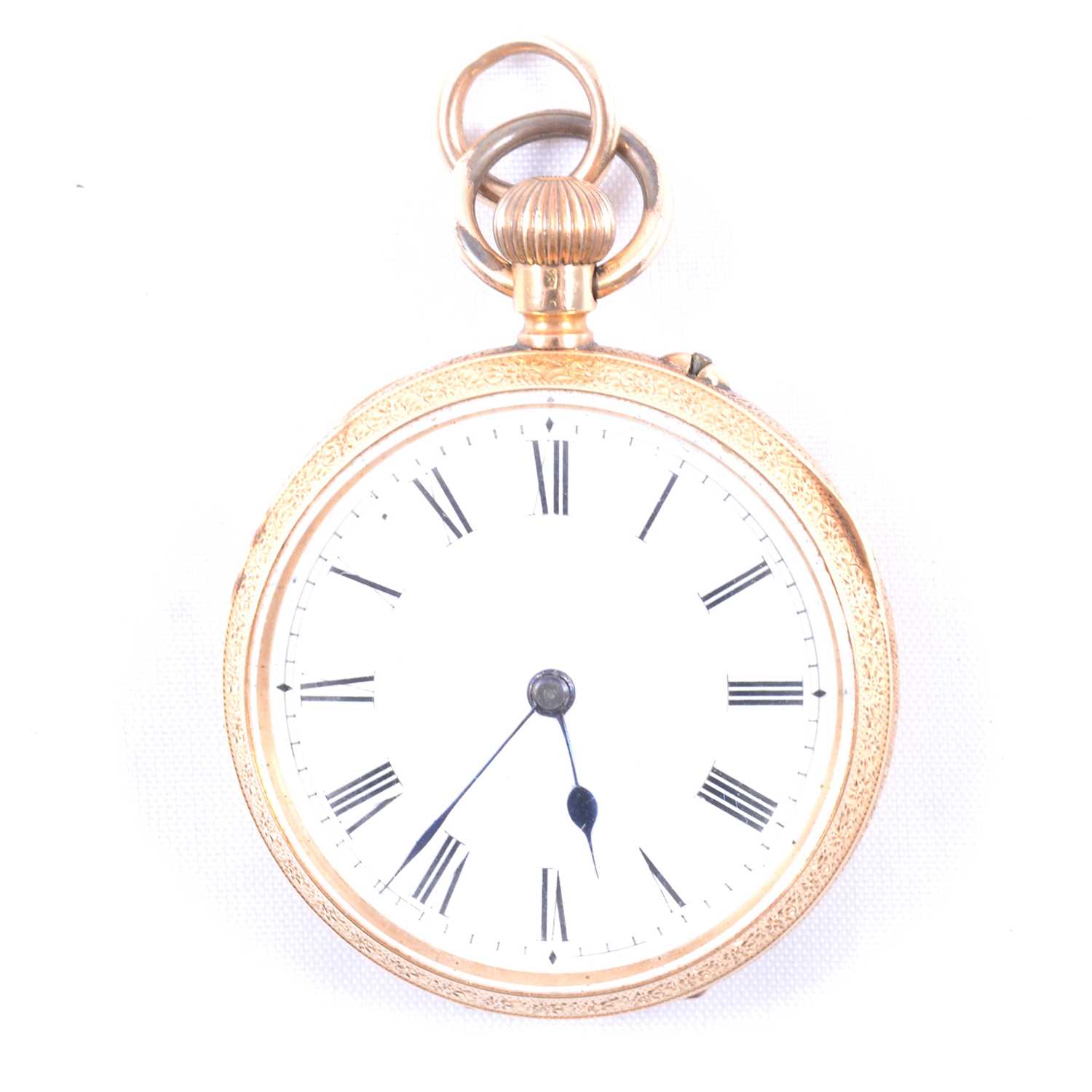 Lot 355 - A yellow metal open face fob watch.