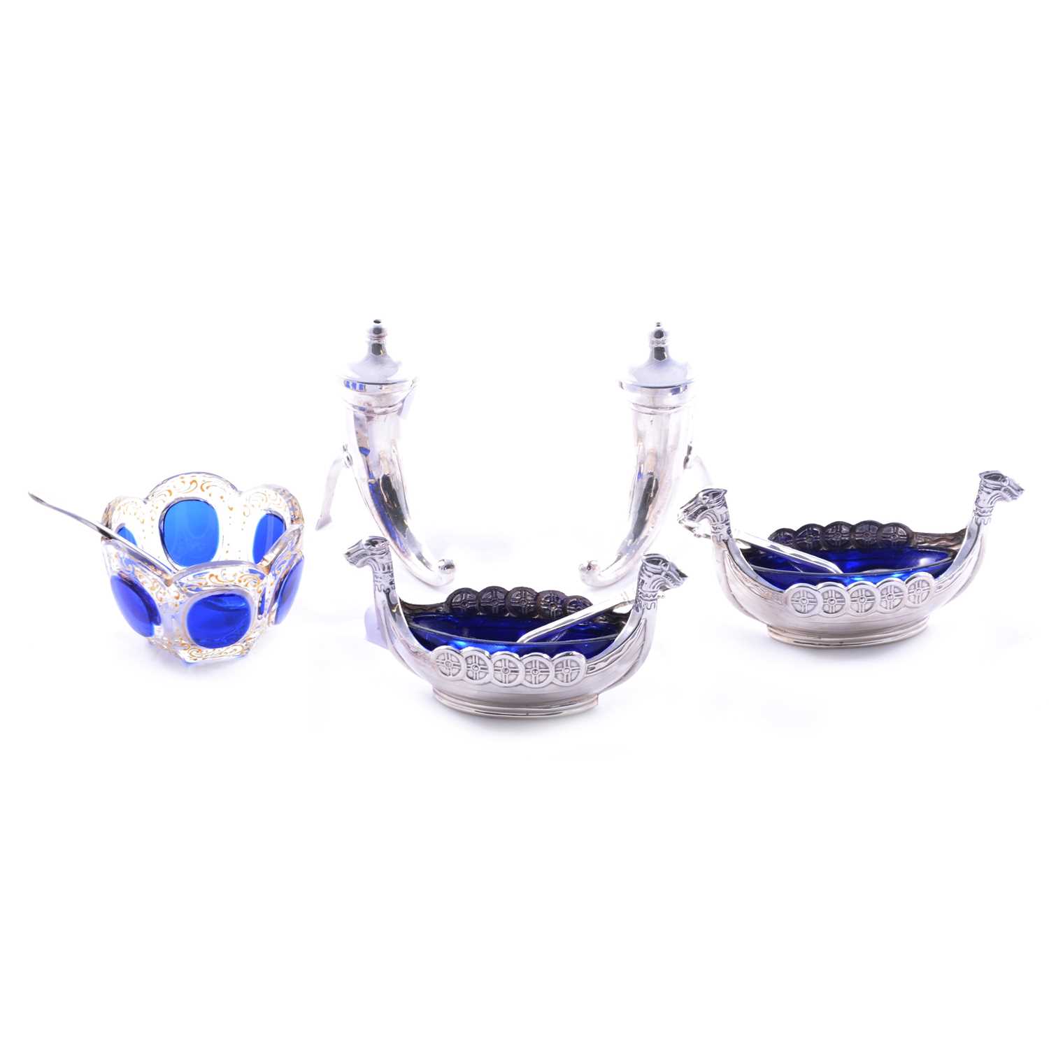 Lot 338 - Pair of Swedish white metal long boat salts,