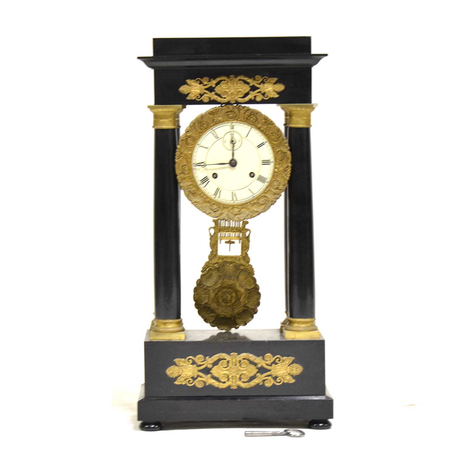 Lot 179 - French ebonised portico clock,