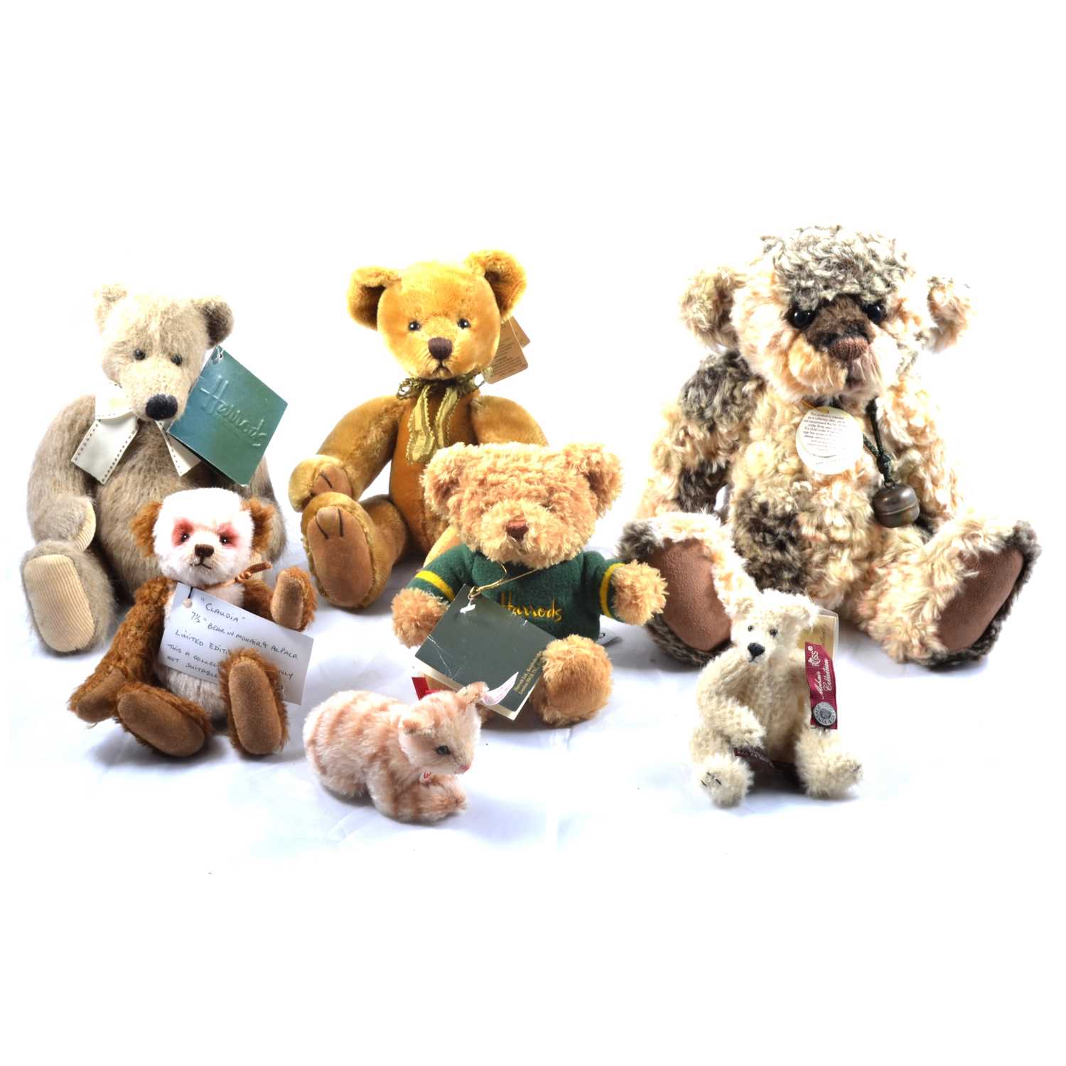 Lot 169 - Six teddy bears and a Steiff kitten.