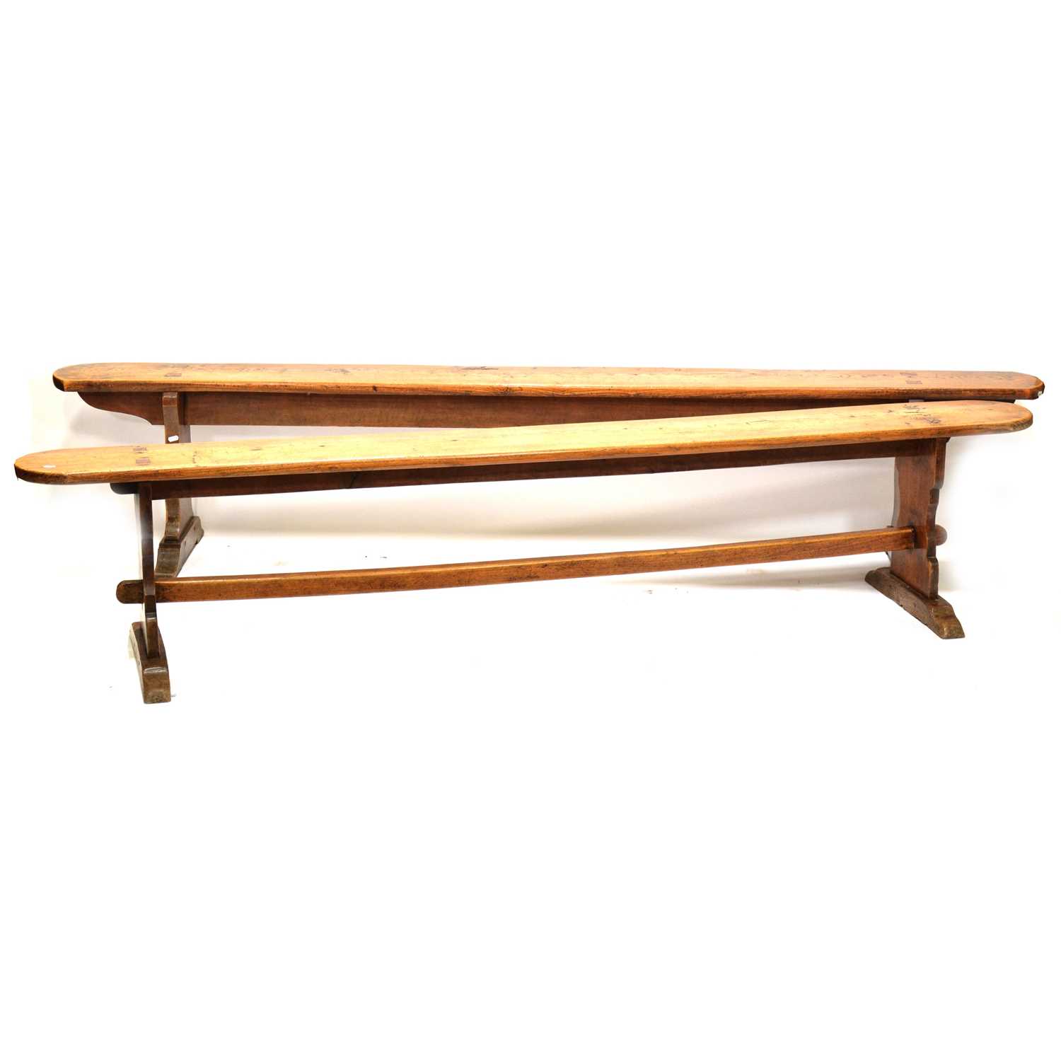 Lot 448 - Two elm long benches, early 20th Century,